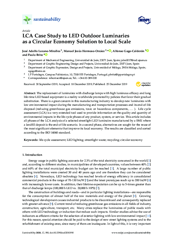 (PDF) LCA Case Study to LED Outdoor Luminaries as a Circular Economy Solution to Local Scale