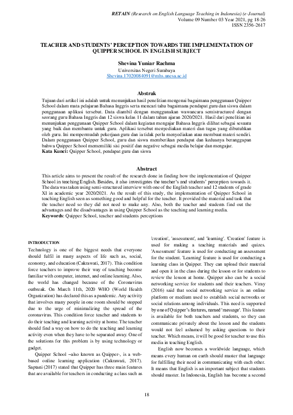 (PDF) Teacher and Students’ Perception Towards the Implementation of Quipper School in English ...