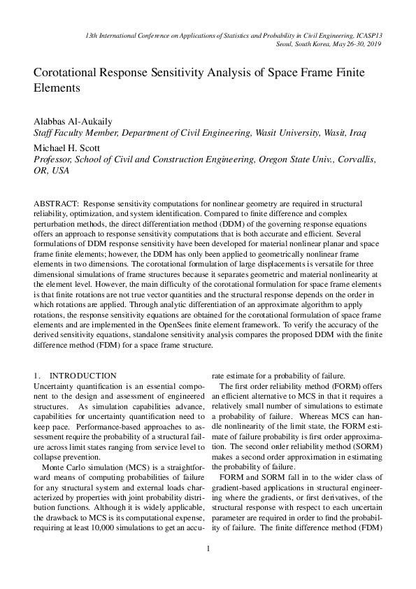 Pdf Corotational Response Sensitivity Analysis Of Space Frame Finite Elements