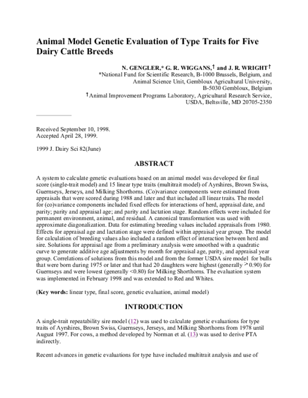 (PDF) Animal Model Genetic Evaluation of Type Traits for Five Dairy ...