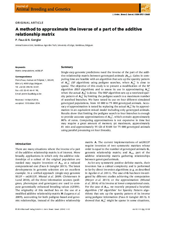 Pdf A Method To Approximate The Inverse Of A Part Of The Additive Relationship Matrix
