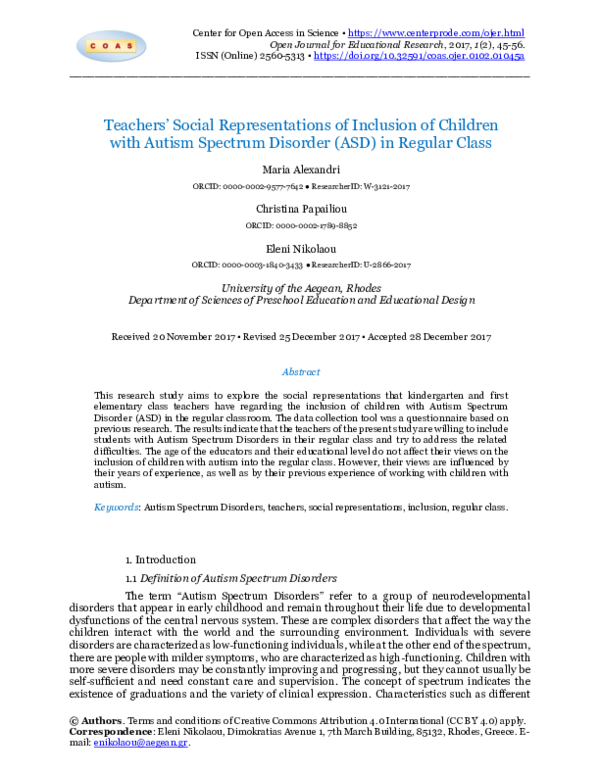 (PDF) Teachers’ Social Representations of Inclusion of Children with Autism Spectrum Disorder ...