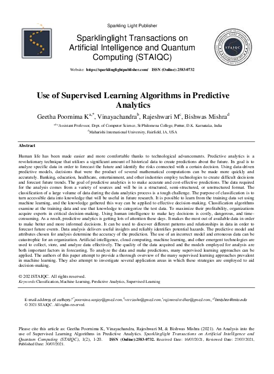 (PDF) Use of Supervised Learning Algorithms in Predictive Analytics