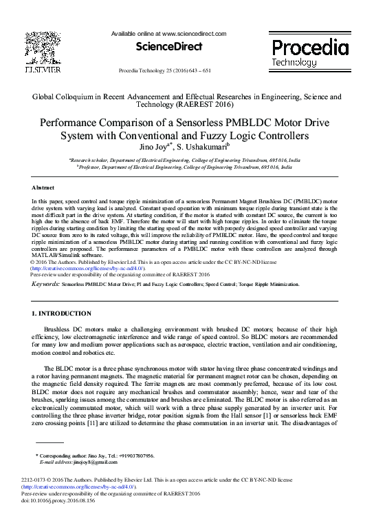 (PDF) Performance Comparison of a Sensorless PMBLDC Motor Drive System with Conventional and ...