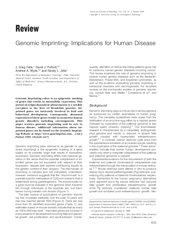 (PDF) Genomic Imprinting: Implications for Human Disease | Greg Falls ...