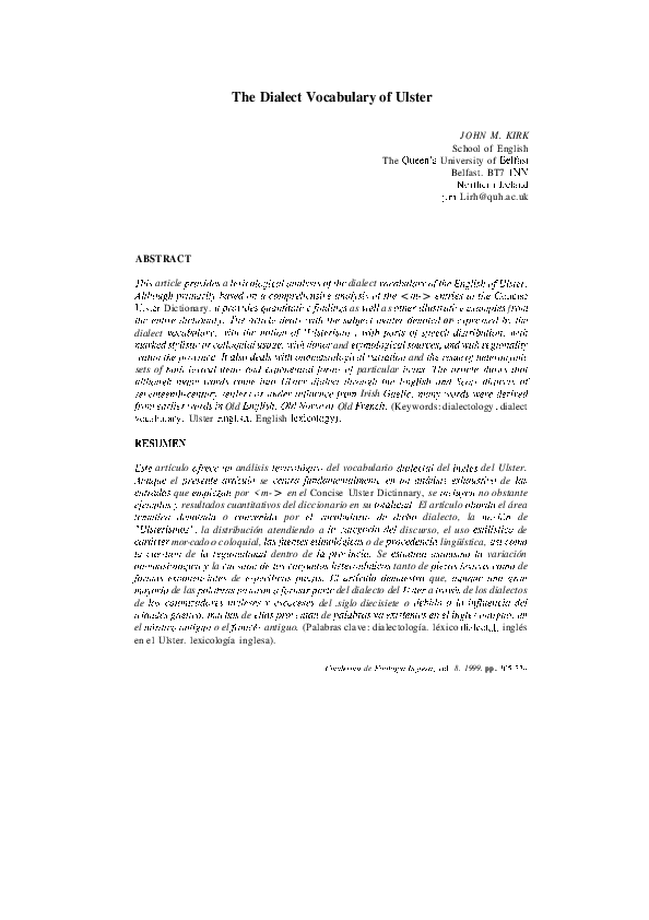 (PDF) The Dialect Vocabulary of Ulster= El vocabulario dialectal del Ulster