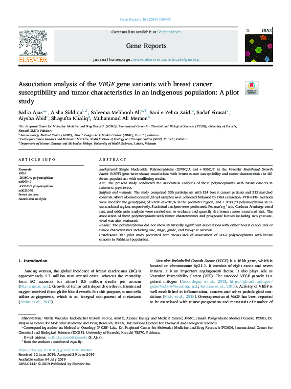 (PDF) Association analysis of the VEGF gene variants with breast cancer ...