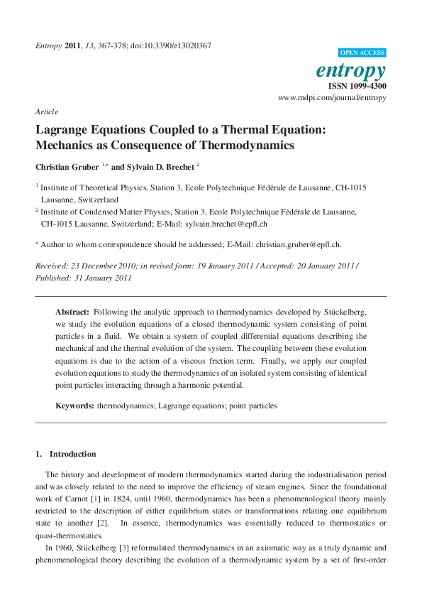 (PDF) Article Lagrange Equations Coupled to a Thermal Equation ...