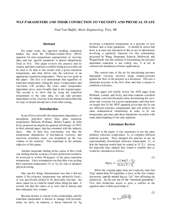 (PDF) WLF PARAMETERS AND THEIR CONNECTION TO VISCOSITY AND PHYSICAL STATE