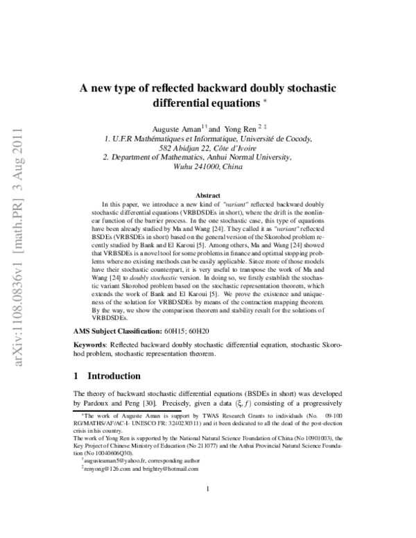 Pdf A New Type Of Reflected Backward Doubly Stochastic Differential Equations