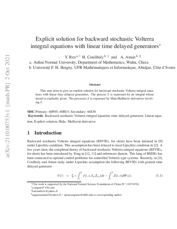 Pdf Explicit Solution For Backward Stochastic Volterra Integral Equations With Linear Time 