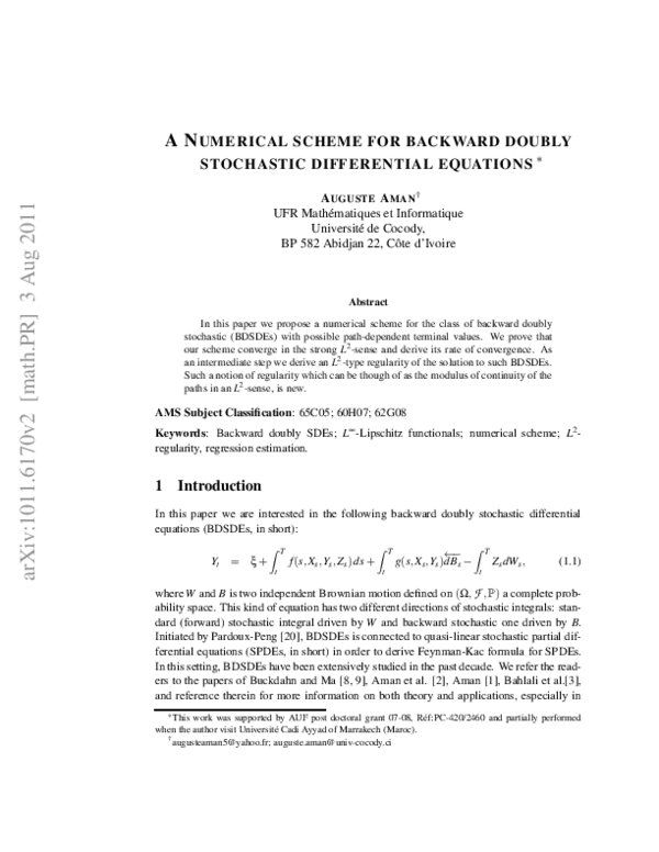 Pdf A 2011 A Numerical Scheme For Backward Doubly Stochastic Differential Equations