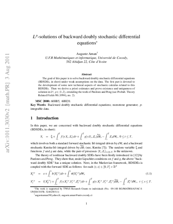Pdf Lp Solutions For Backward Doubly Stochastic Differential Equations