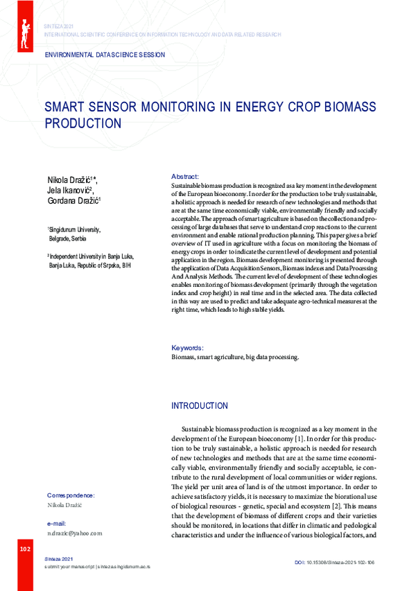 (PDF) Smart Sensor Monitoring in Energy Crop Biomass Production