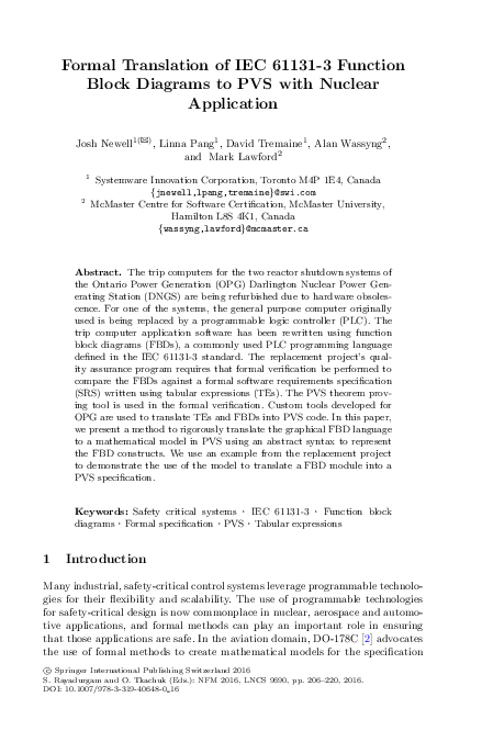 Pdf Formal Translation Of Iec 61131 3 Function Block Diagrams To Pvs