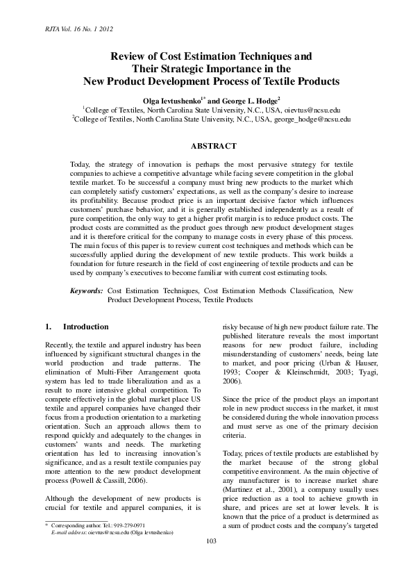 (PDF) Review of Cost Estimation Techniques and Their Strategic Importance in the New Product ...