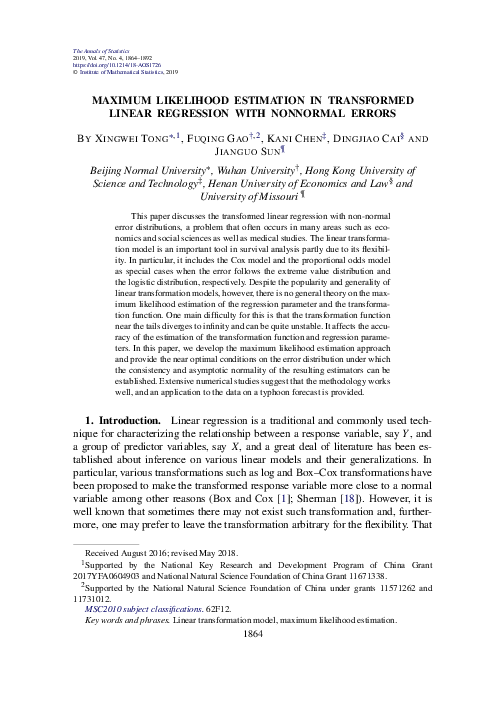 Pdf Maximum Likelihood Estimation In Transformed Linear Regression With Nonnormal Errors