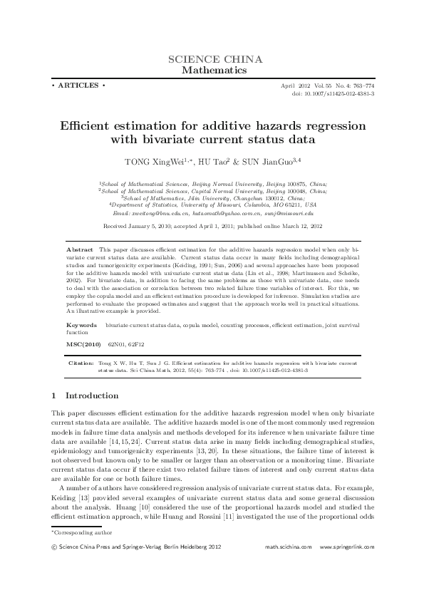 (PDF) Efficient estimation for additive hazards regression with bivariate current status data
