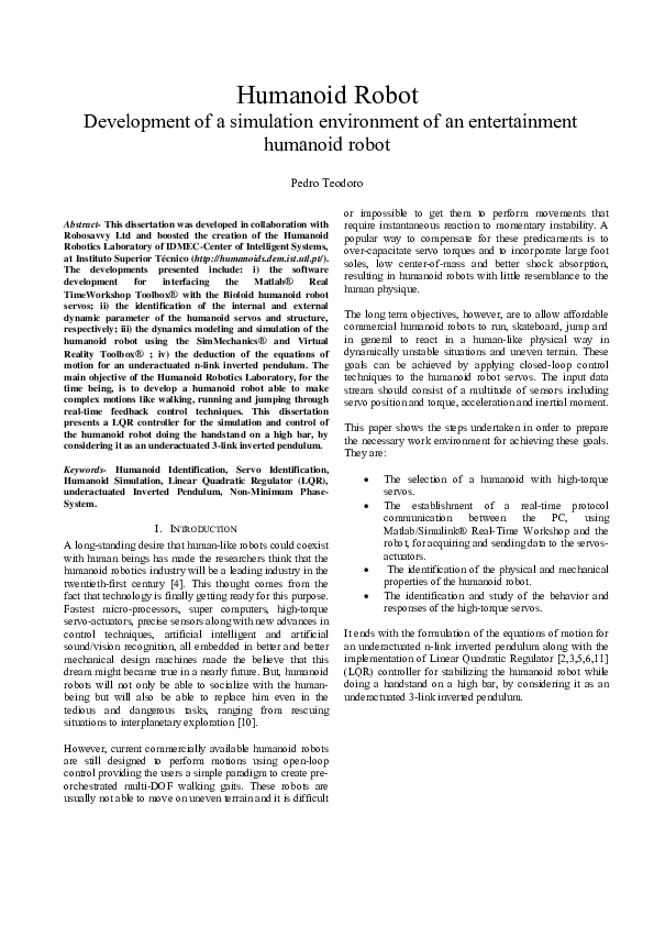 (PDF) Development of a Simulation Environment of an Entertainment Humanoid Robot Doing a ...