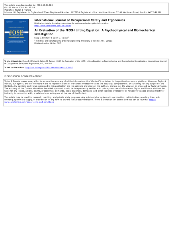 (PDF) An Evaluation of the NIOSH Lifting Equation: A Psychophysical and ...