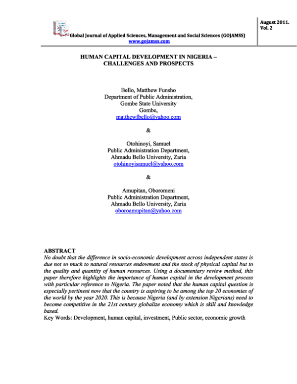 (PDF) Human Capital Development in Nigeria – Challenges and Prospects
