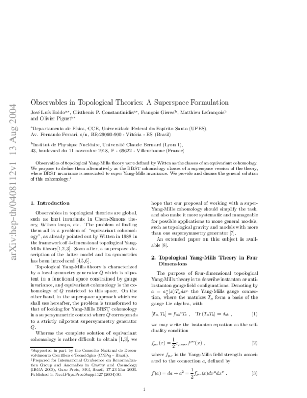 (PDF) Observables in topological theories: A superspace formulation