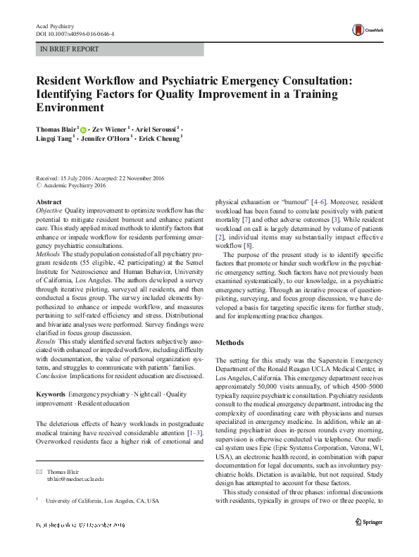 Resident Workflow and Psychiatric Emergency Consultation: Identifying ...
