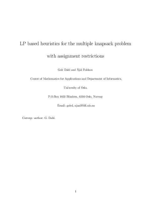 (PDF) LP based heuristics for the multiple knapsack problem with assignment restrictions