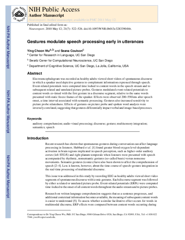 (PDF) Gestures modulate speech processing early in utterances | Seana Coulson - Academia.edu
