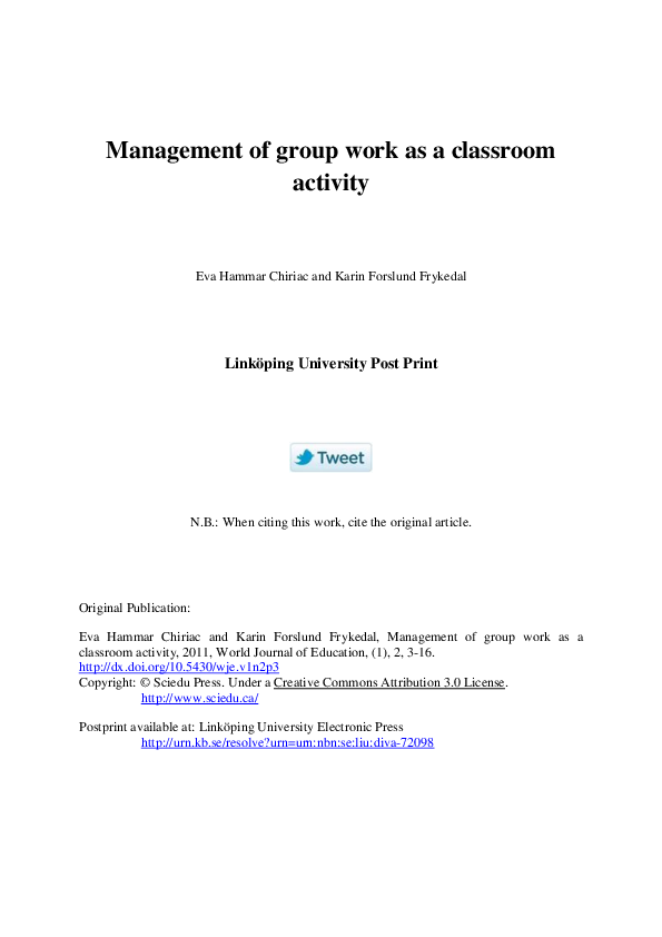 (PDF) Management of Group Work as a Classroom Activity