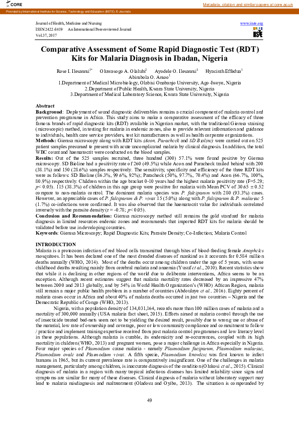 (PDF) Comparative Assessment of Some Rapid Diagnostic Test (RDT) Kits ...