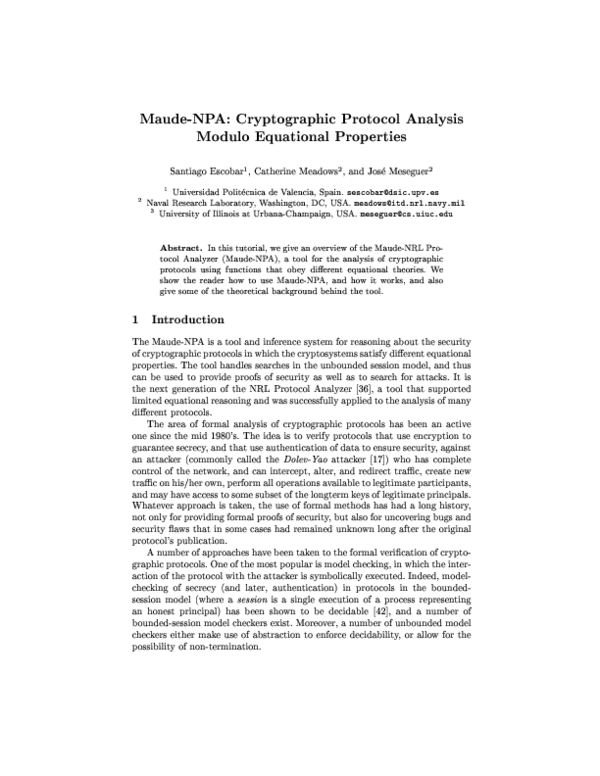 (PDF) Maude-NPA: Cryptographic Protocol Analysis Modulo Equational Properties | Santiago Escobar ...