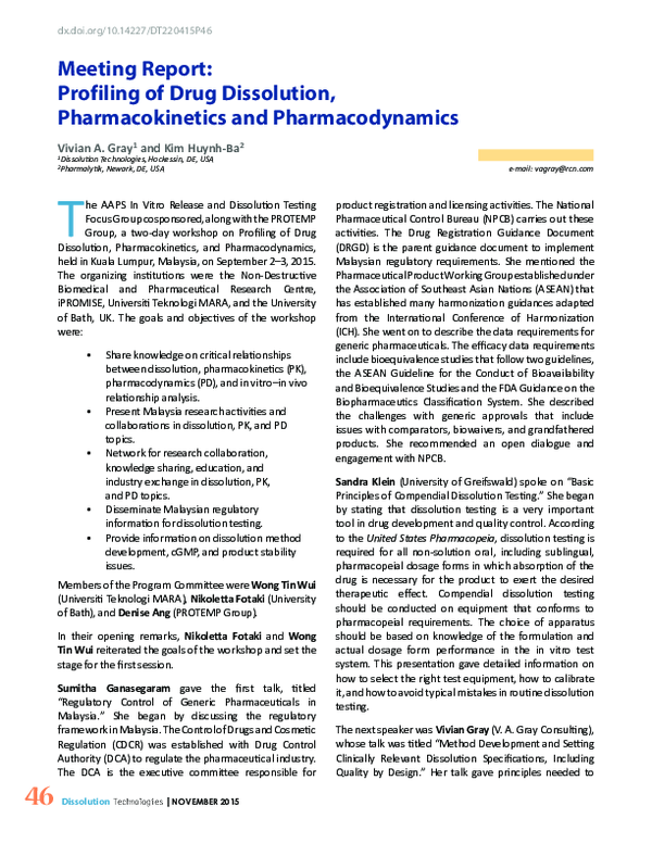 (PDF) Meeting Report: Profiling of Drug Dissolution, Pharmacokinetics ...