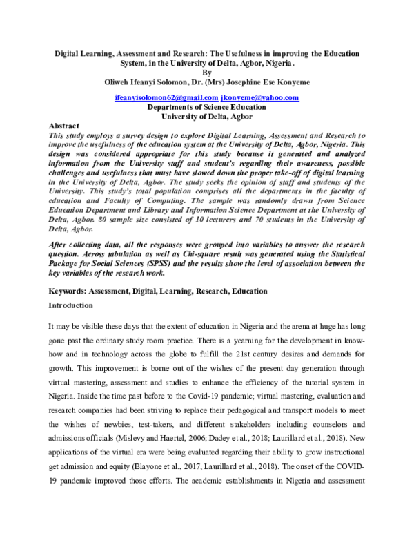 (DOC) Digital Learning, Assessment and Research: The Usefulness in ...