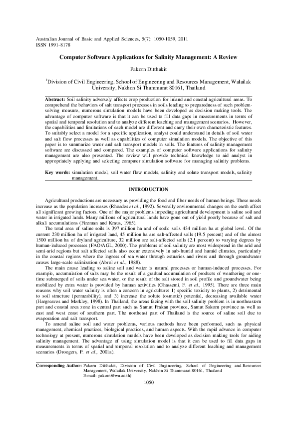 (PDF) Computer Software Applications for Salinity Management: A Review