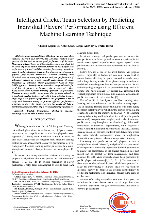 (PDF) Intelligent Cricket Team Selection by Predicting Individual ...