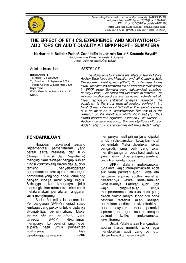 (PDF) The Effects of Ethics,Experience,And Motivation of Auditors on Audit Quality at BPKP North ...