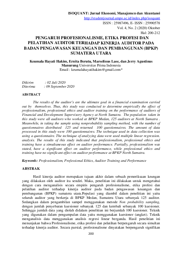 (PDF) Pengaruh Profesionalisme, Etika Profesi, dan Pelatihan Auditor terhadap Kinerja Auditor ...