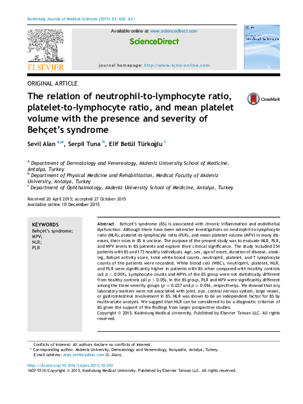 (PDF) The relation of neutrophil-to-lymphocyte ratio, platelet-to ...