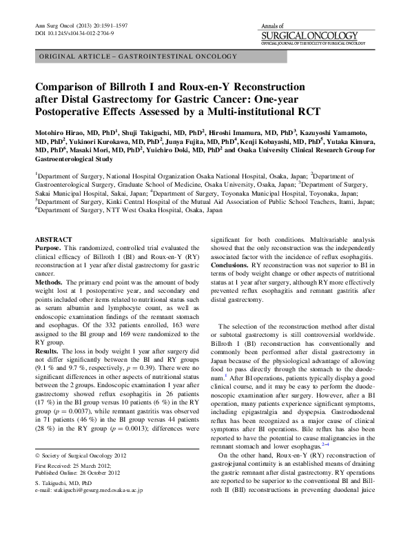 (PDF) Comparison of Billroth I and Roux-en-Y Reconstruction after ...