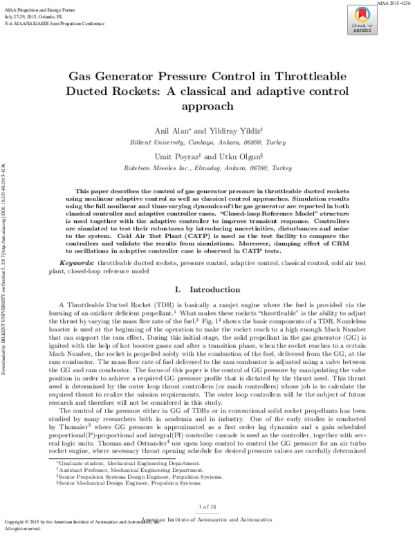 (PDF) Gas Generator Pressure Control in Throttleable Ducted Rockets: A ...