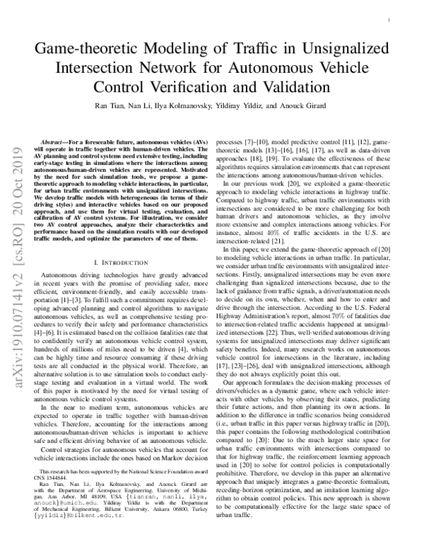 Pdf Game Theoretic Modeling Of Traffic In Unsignalized Intersection Network For Autonomous