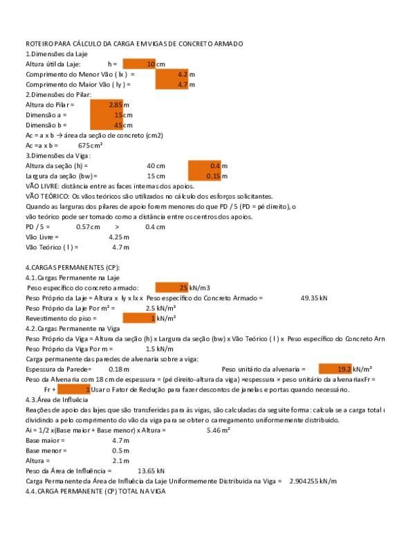 (XLS) ROTEIRO PARA CALCULO DA CARGA EM VIGAS DE CONCRETO ARMADO (XLS) ROTEIRO PARA CALCULO DA CARGA EM VIGAS DE CONCRETO ARMADO