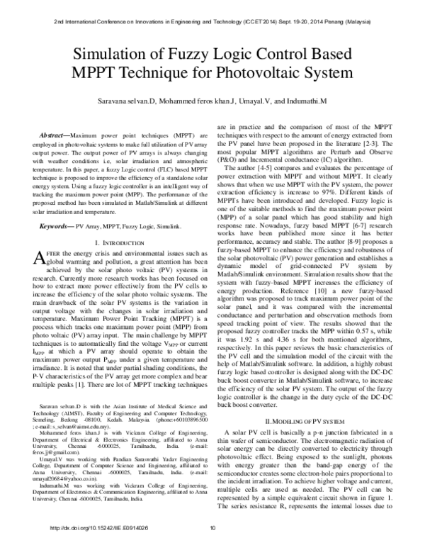 Pdf Simulation Of Fuzzy Logic Control Based Mppt Technique For Photovoltaic System
