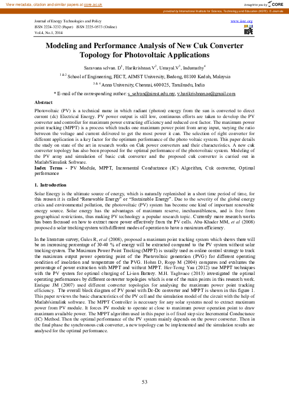 (PDF) Modeling and Performance Analysis of New Cuk Converter Topology for Photovoltaic Applications