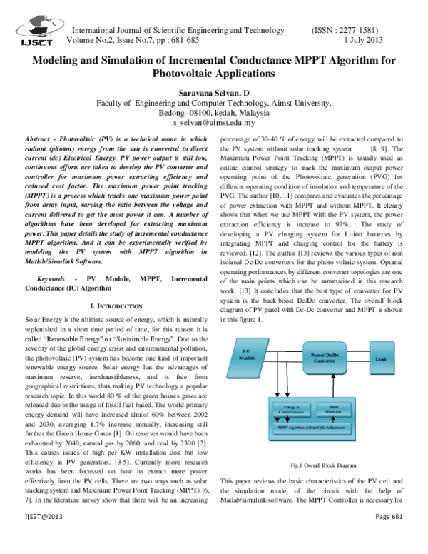 (PDF) Modeling and simulation of Incremental conductance MPPT algorithm based solar Photo ...