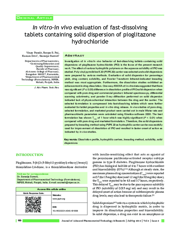 Pdf In Vitro In Vivo Evaluation Of Fast Dissolving Tablets Containing Solid Dispersion Of