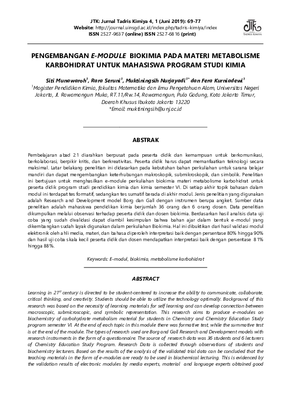 (PDF) Pengembangan E-Module Biokimia Pada Materi Metabolisme Karbohidrat Untuk Mahasiswa Program ...