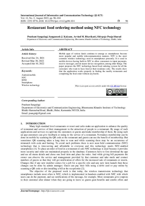 (PDF) Restaurant food ordering method using NFC technology
