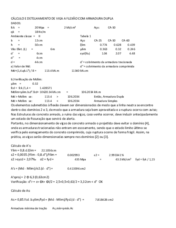 (XLS) CÁLCULO E DETELHAMENTO DE VIGA A FLEXÃO COM ARMADURA DUPLA | ELOY MEDICI - Academia.edu